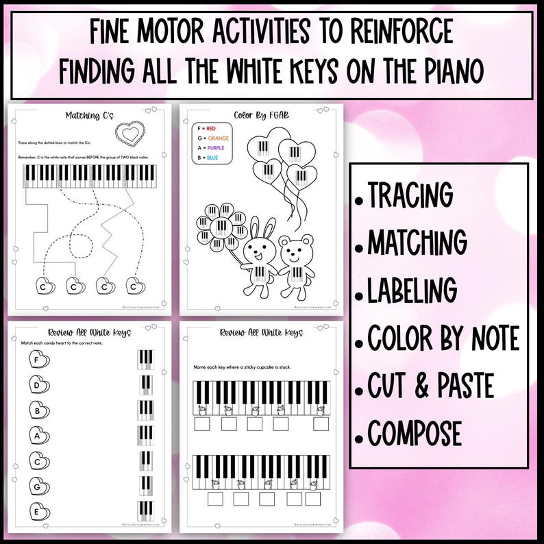 Beginning Piano Valentine's Worksheets - Finding White Notes CDE and ...