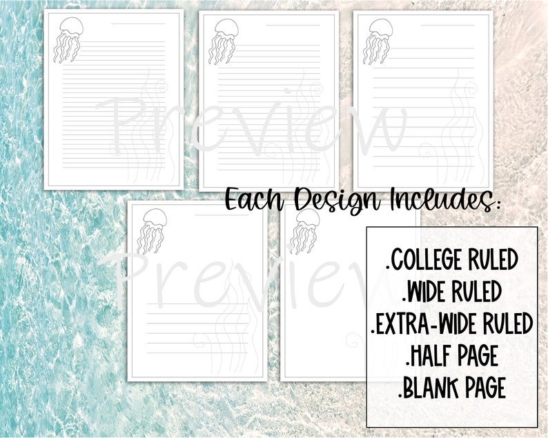 Ocean Animals Writing Paper - Printable Lined and Blank: Wide-ruled ...