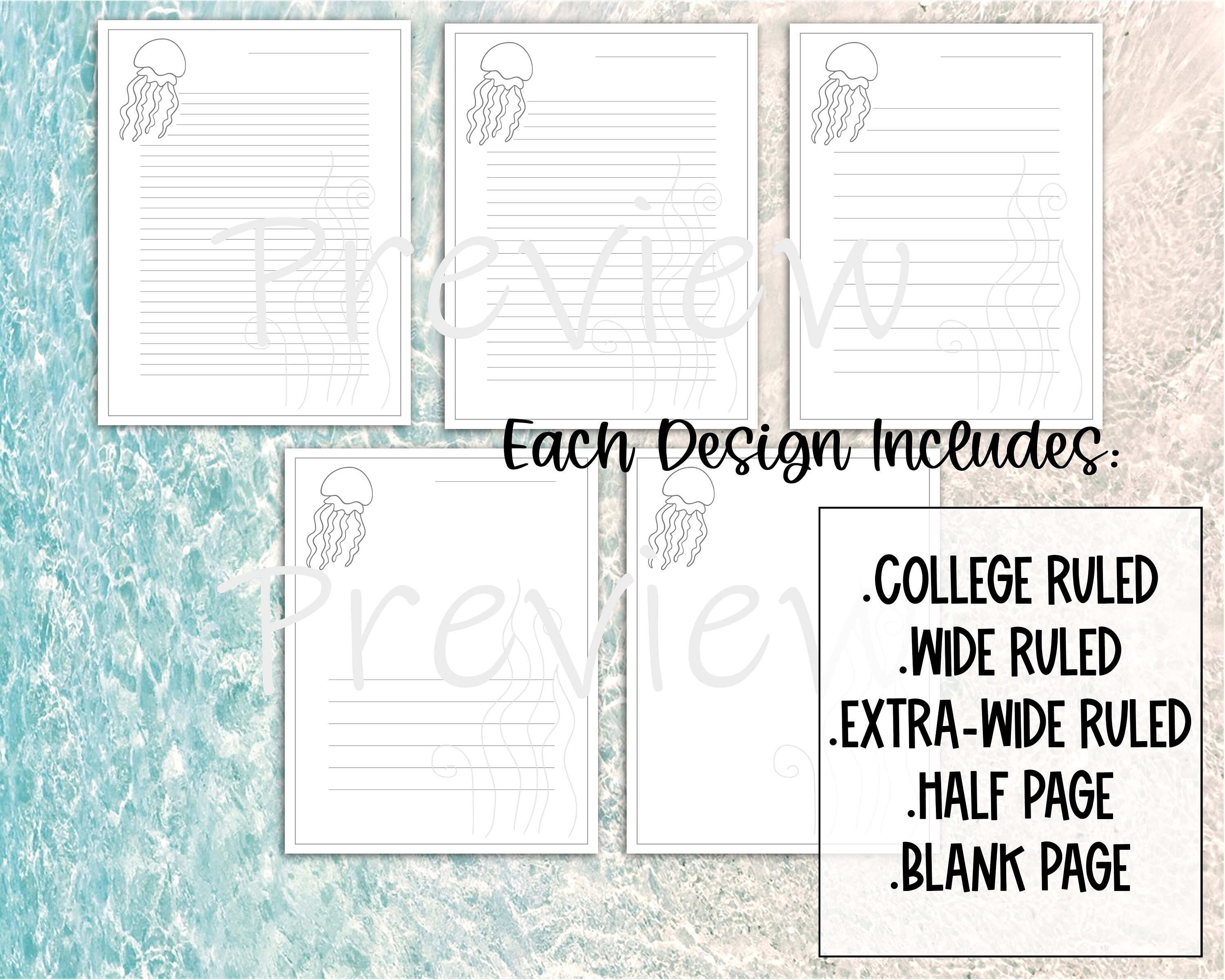 Ocean Animals Writing Paper - Printable Lined and Blank: Wide-ruled ...