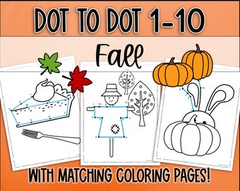 Fall Dot to Dot 1-10 Counting and Coloring Pages for Prek Connect the ...