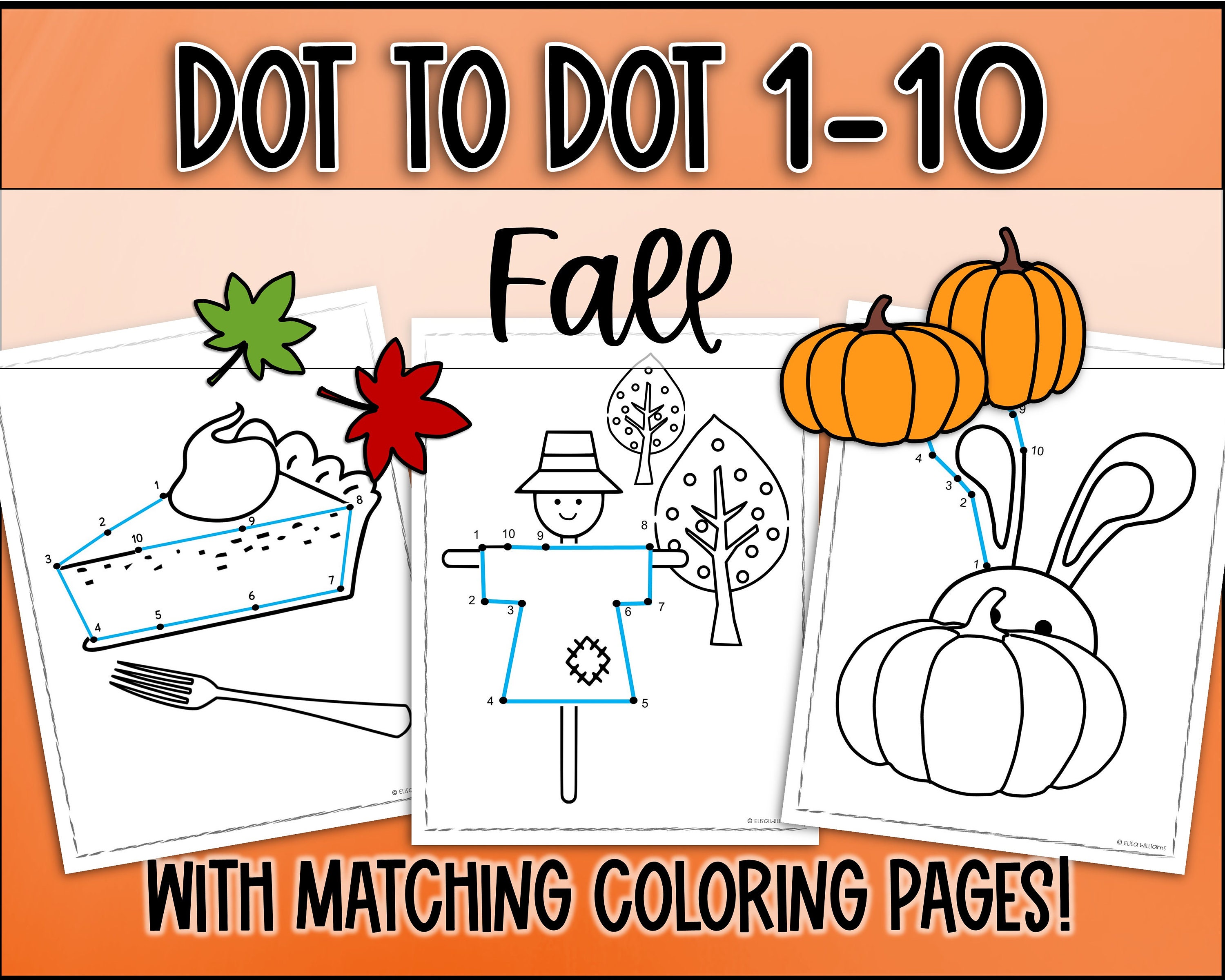 Fall Dot to Dot 1-10 Counting and Coloring Pages for Prek Connect the ...