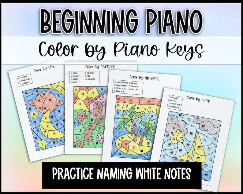 Color by Piano Note: Naming White Keys Beginning Music Worksheets ...
