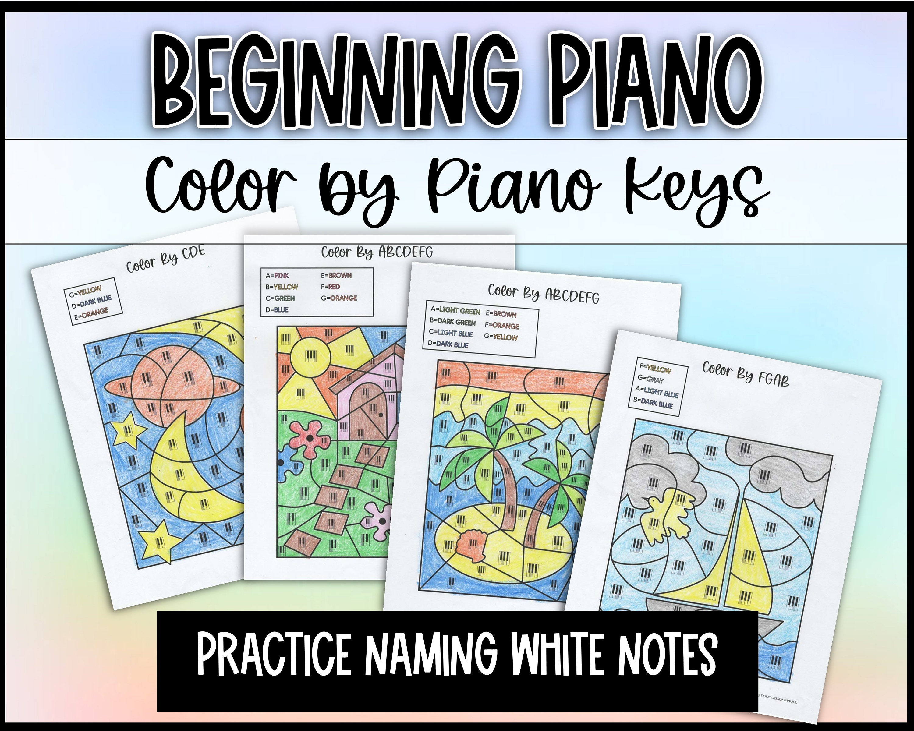 Color by Piano Note: Naming White Keys Beginning Music Worksheets ...