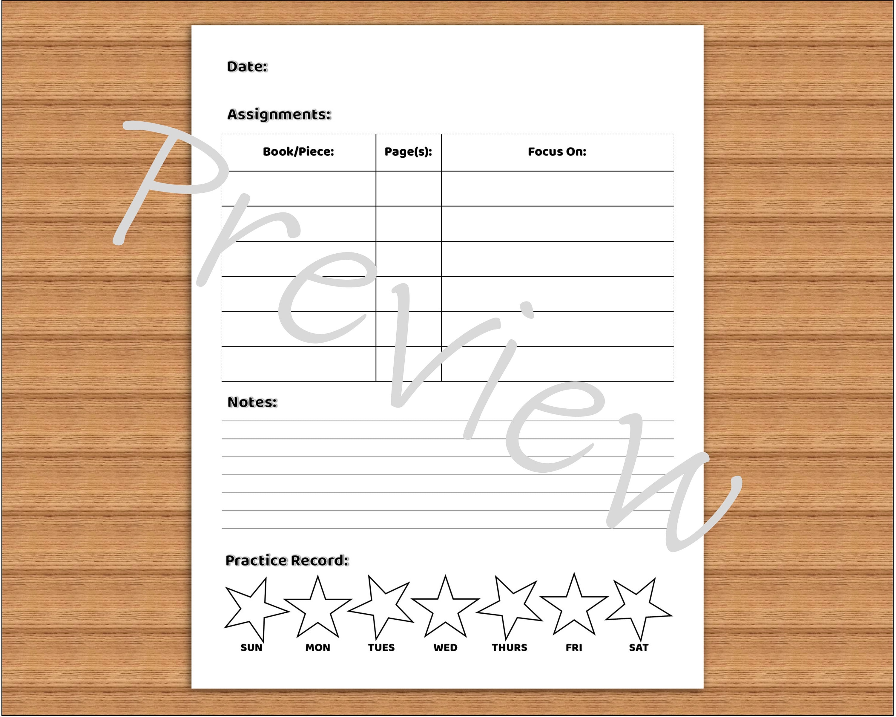 Piano Lesson Assignment Sheet + Daily Practice Chart, Notes, & Blank ...