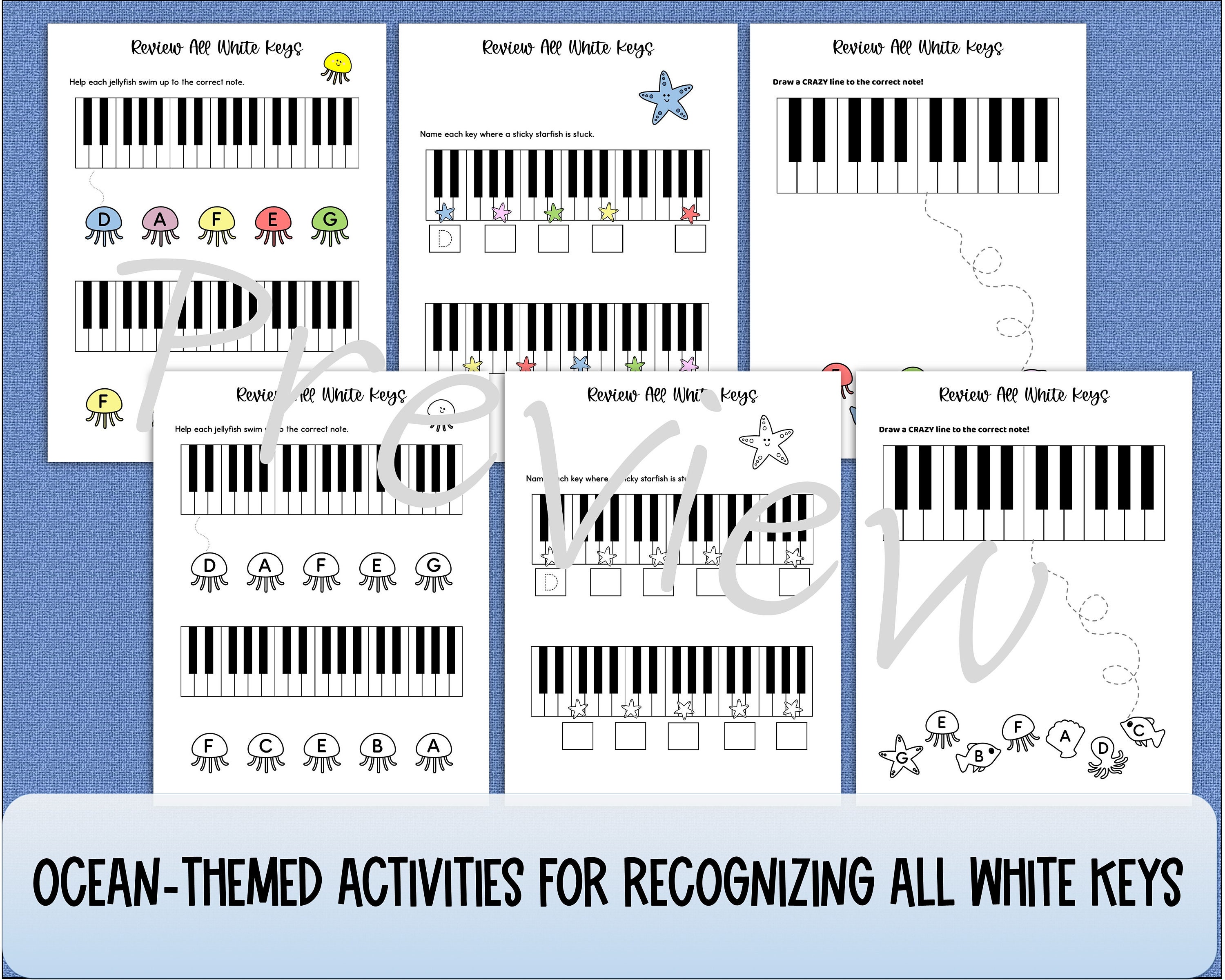 Preschool/beginning Piano Music Theory: Naming White Keys Ocean Themed ...
