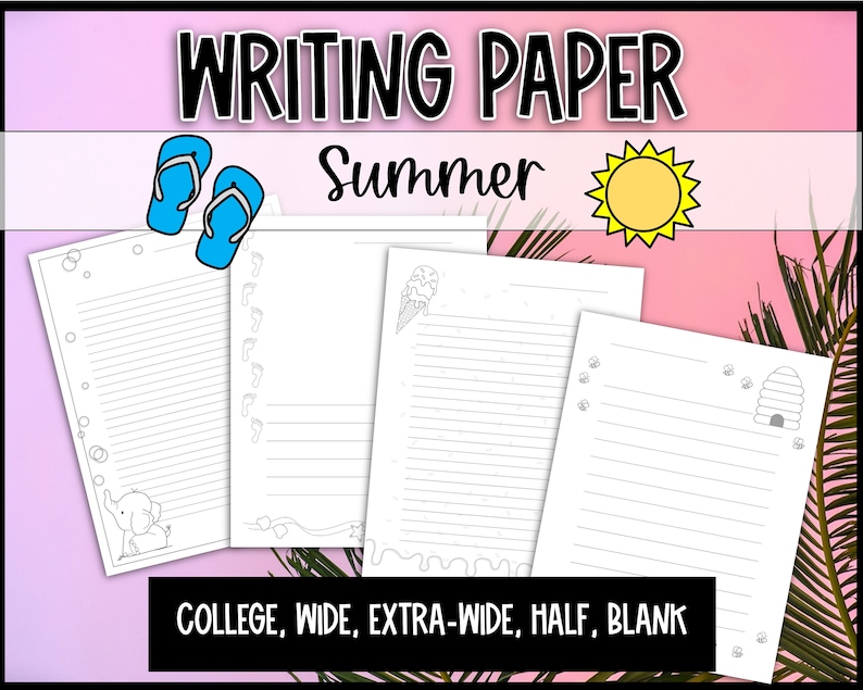 Summer Writing Paper - Printable Lined and Blank: Wide-ruled, College ...
