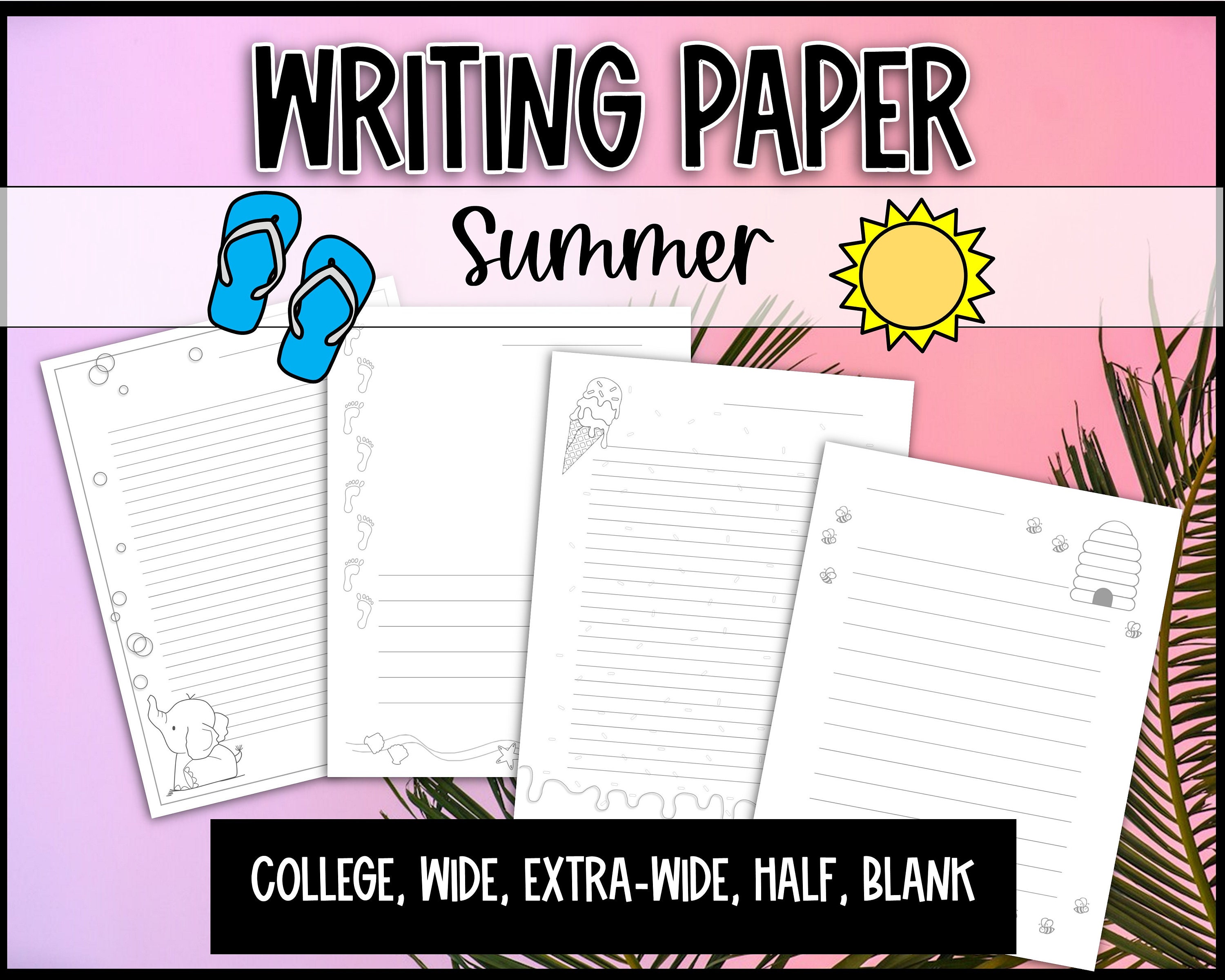 Summer Writing Paper Printable Lined and Blank: Wide-ruled, College ...