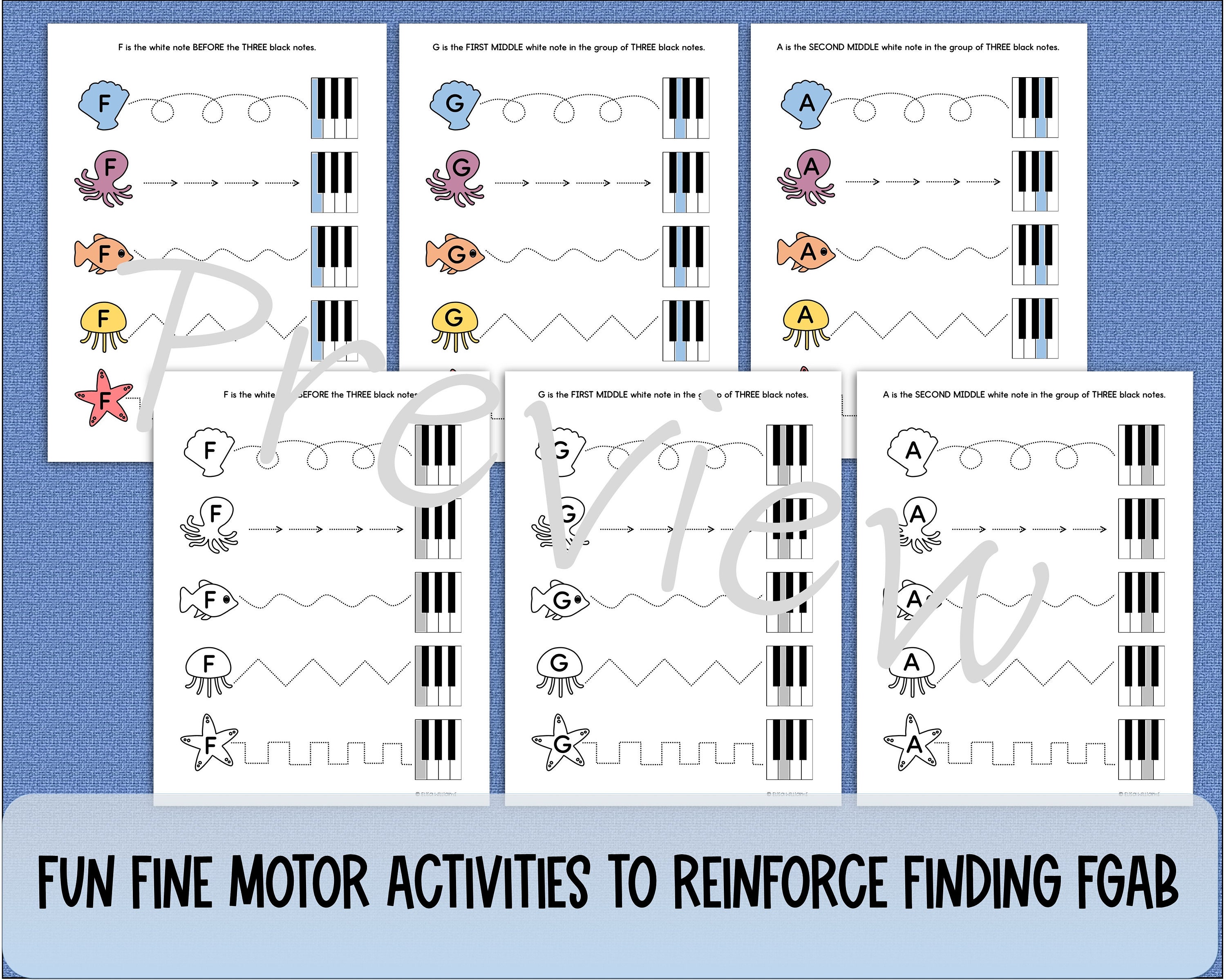 Preschool Piano Music Theory: Ocean-themed Finding FGAB Worksheets and ...