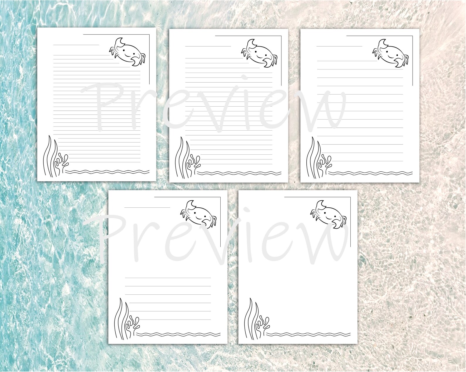 Ocean Animals Writing Paper - Printable Lined and Blank: Wide-ruled ...