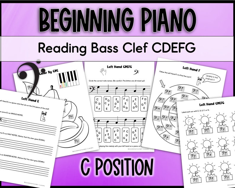 Beginning Piano Bass Clef Note Reading in C Position, Left Hand / Basic ...