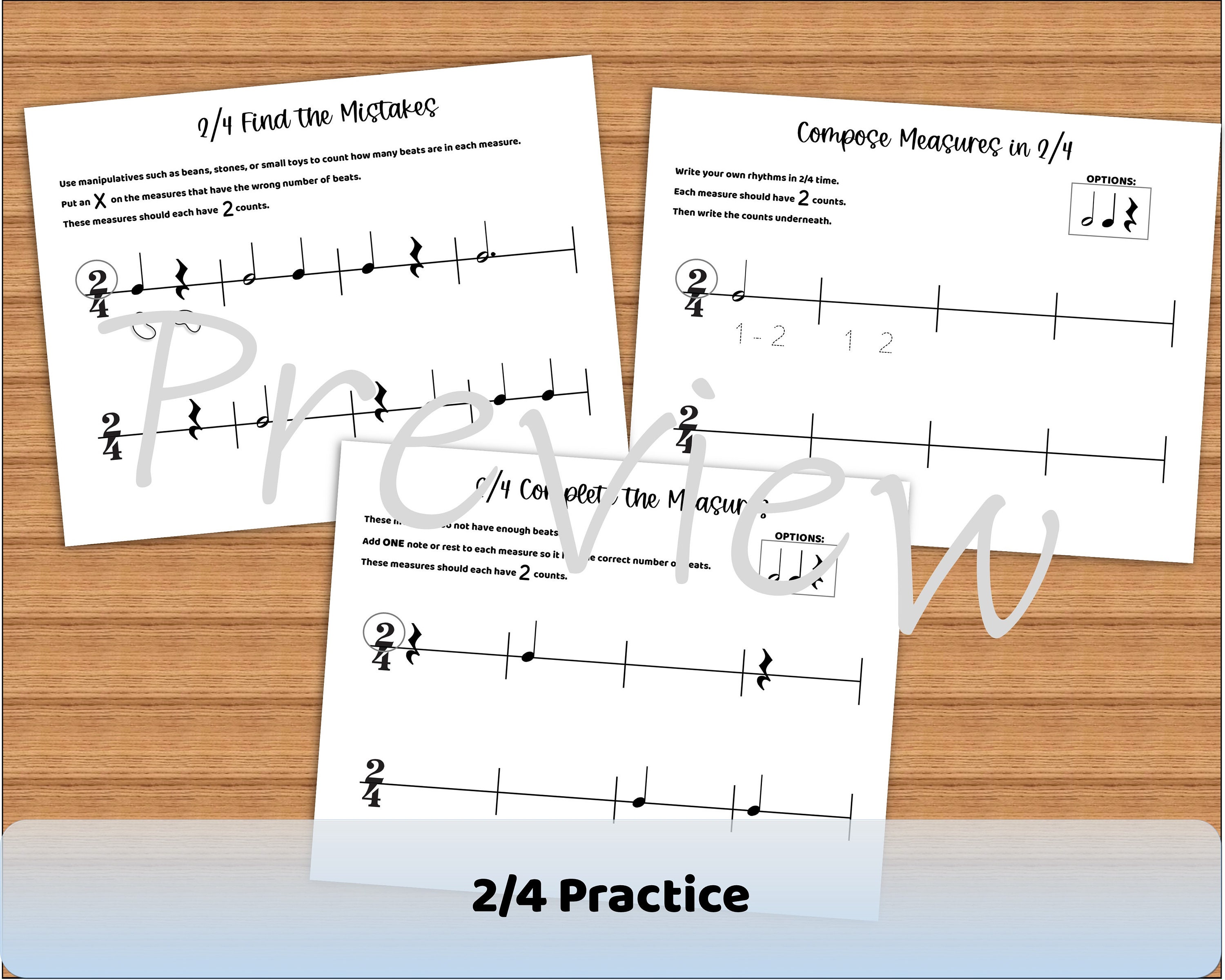 Simple Time Signature Rhythm Worksheets (4/4, 3/4, 2/4) for Preschool ...