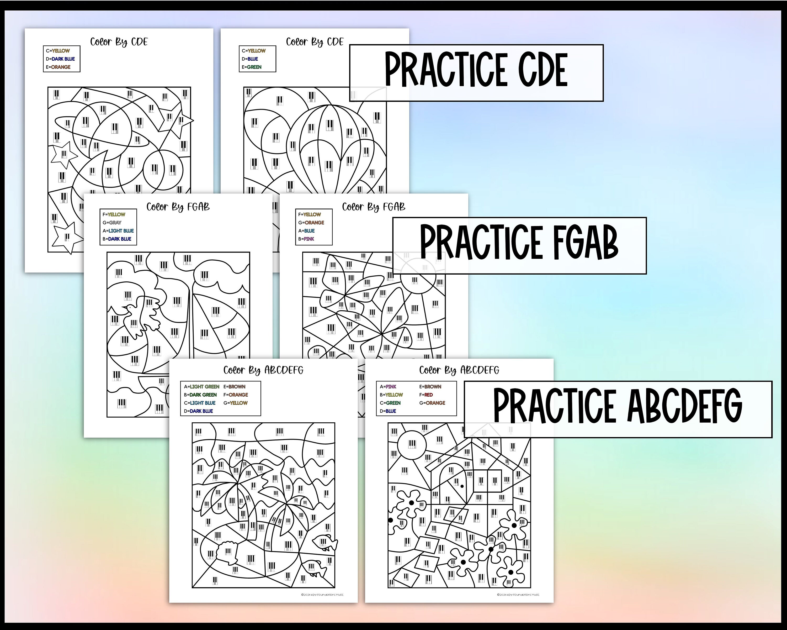 Color by Piano Note: Naming White Keys Beginning Music Worksheets ...