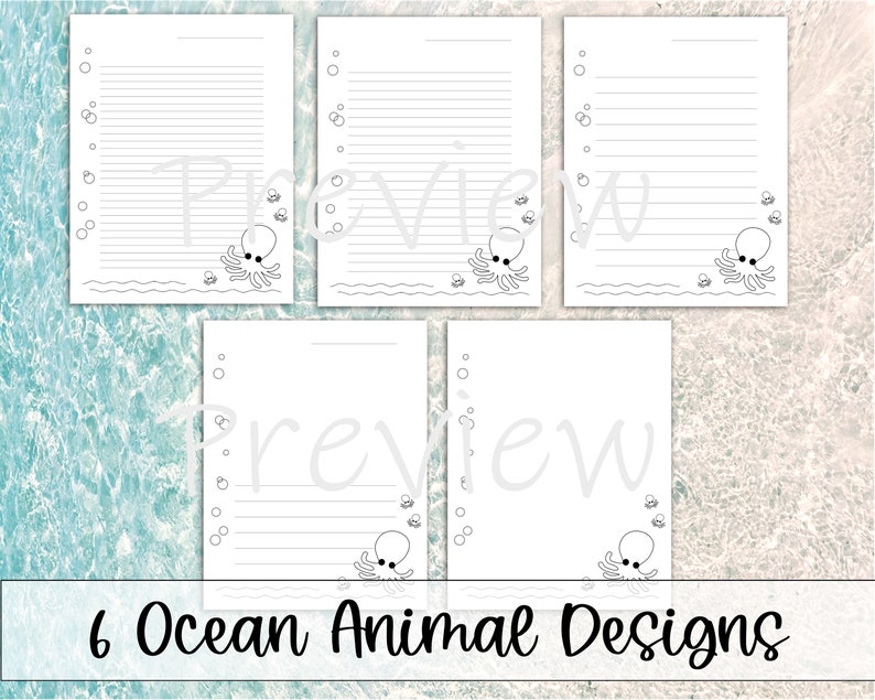 Ocean Animals Writing Paper - Printable Lined and Blank: Wide-ruled ...