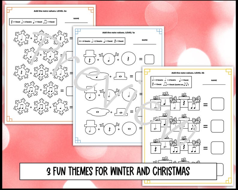 Winter and Christmas Music Rhythm Worksheets: Adding Note Values Music ...