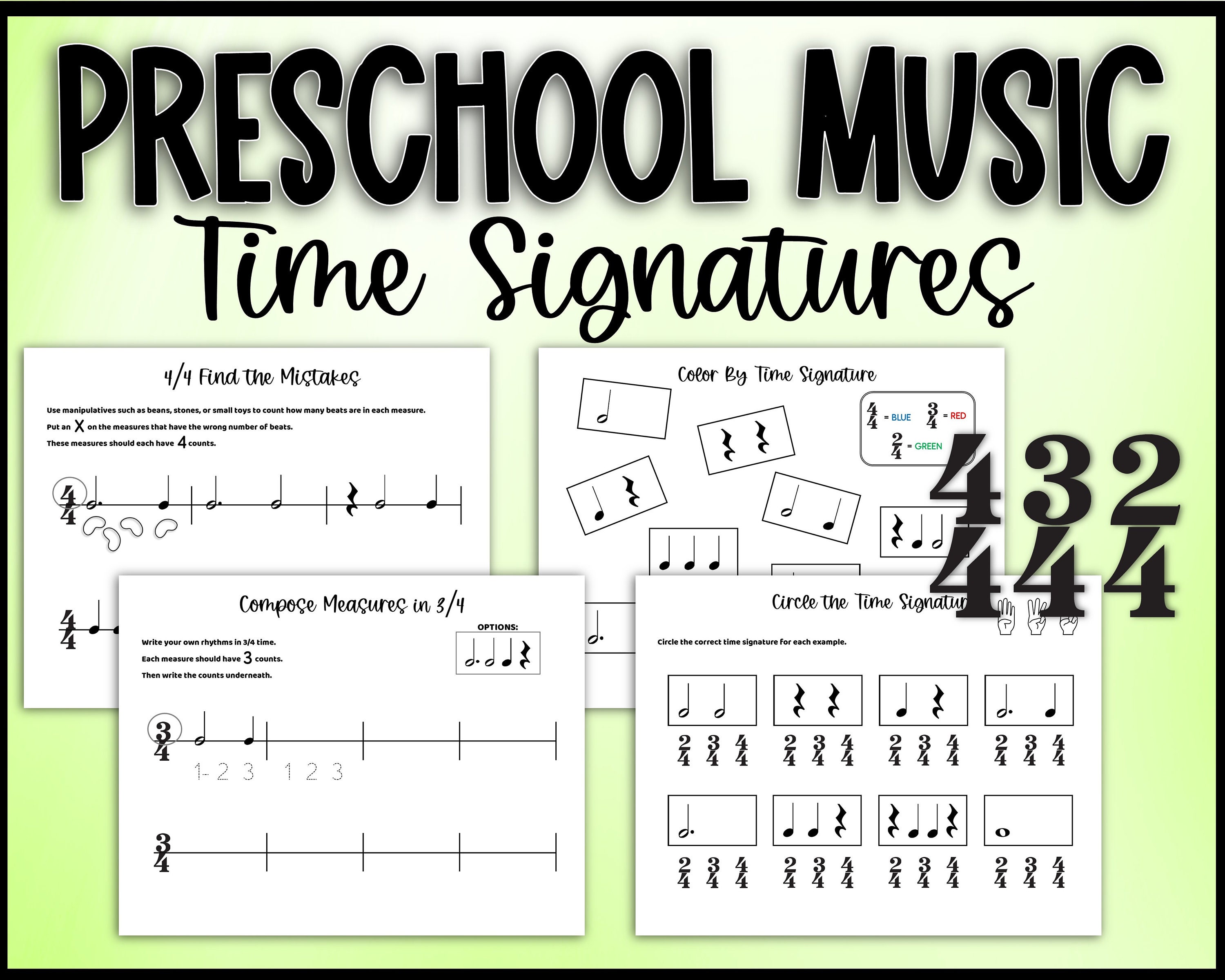 Simple Time Signature Rhythm Worksheets 4/4 3/4 2/4 for - Etsy
