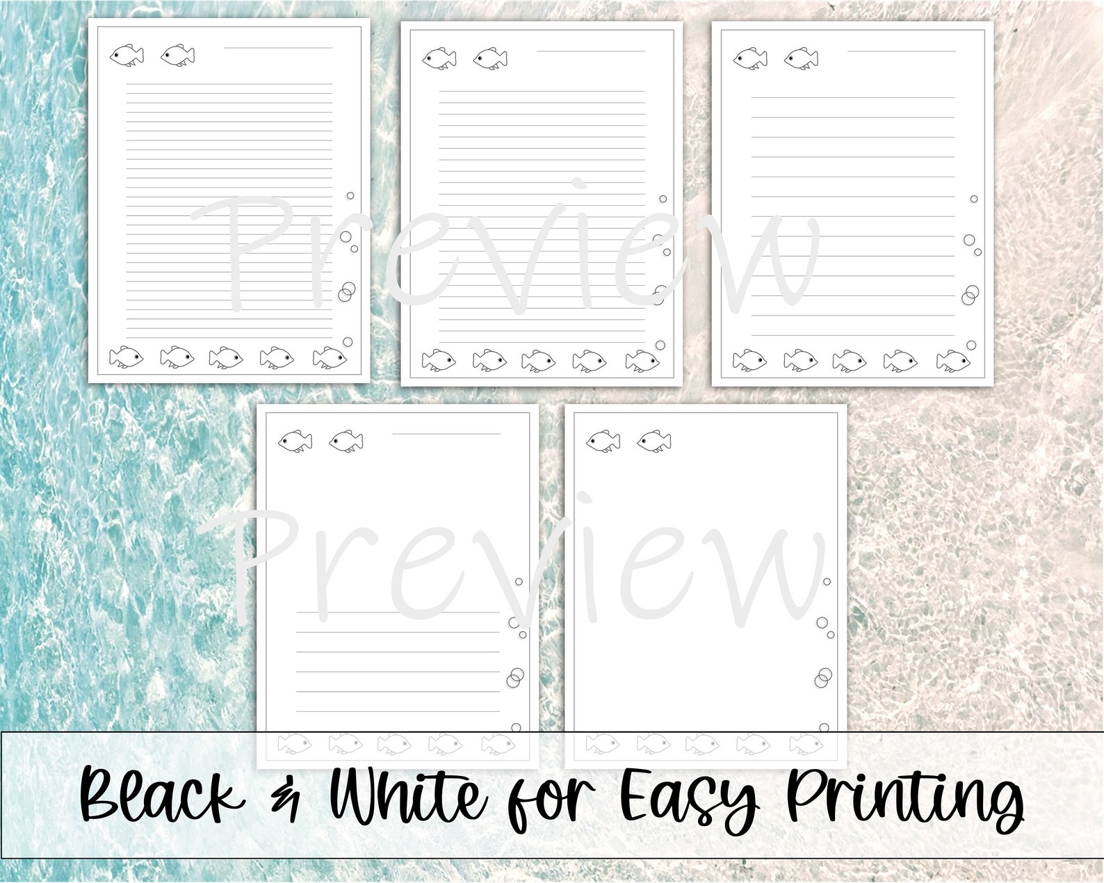 Ocean Animals Writing Paper - Printable Lined and Blank: Wide-ruled ...