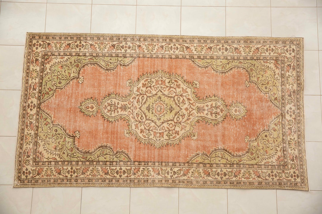 Orange Green Rug, Boho Turkish Rug, Living Room Rug, Throw Rug, Vintage ...