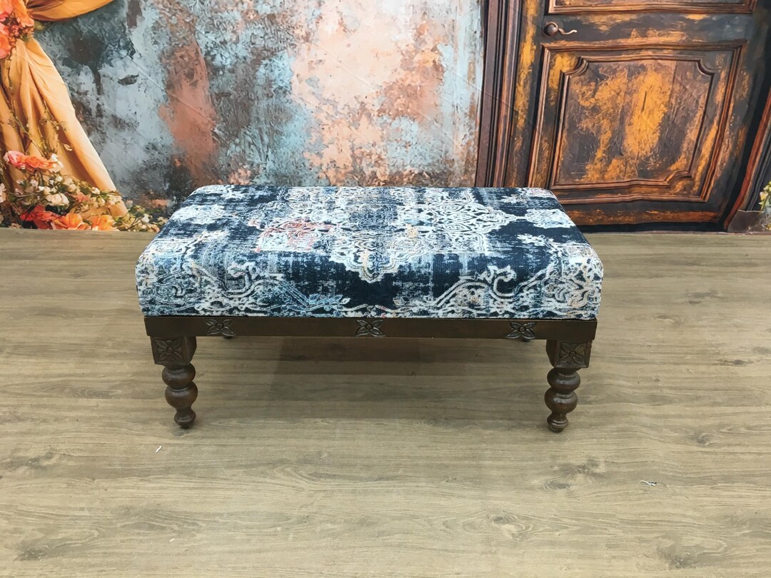 Navy Ottoman Bench, Vintage Style Bench, Cozy Indoor Decor, Hand Carved ...