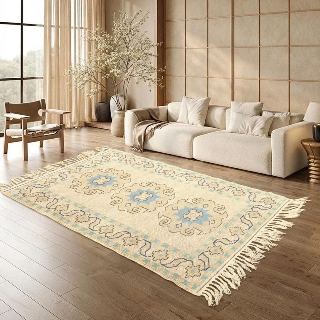 Cream Turkish Rug, Blue Tribal Sun Vintage Distressed Carpet, 3x5 Ft ...