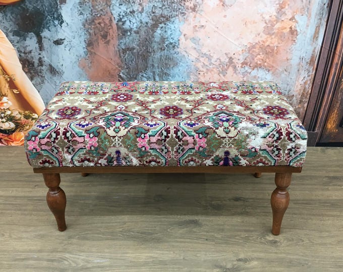 Turkish Rug Bench, Ottoman Footstool, Accent Bench, Farmhouse Bench ...