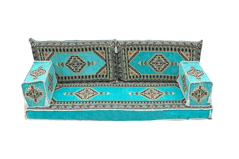 Turquoise Blue Arabic Floor Seating Set | Geometric Pattern Majlis ...