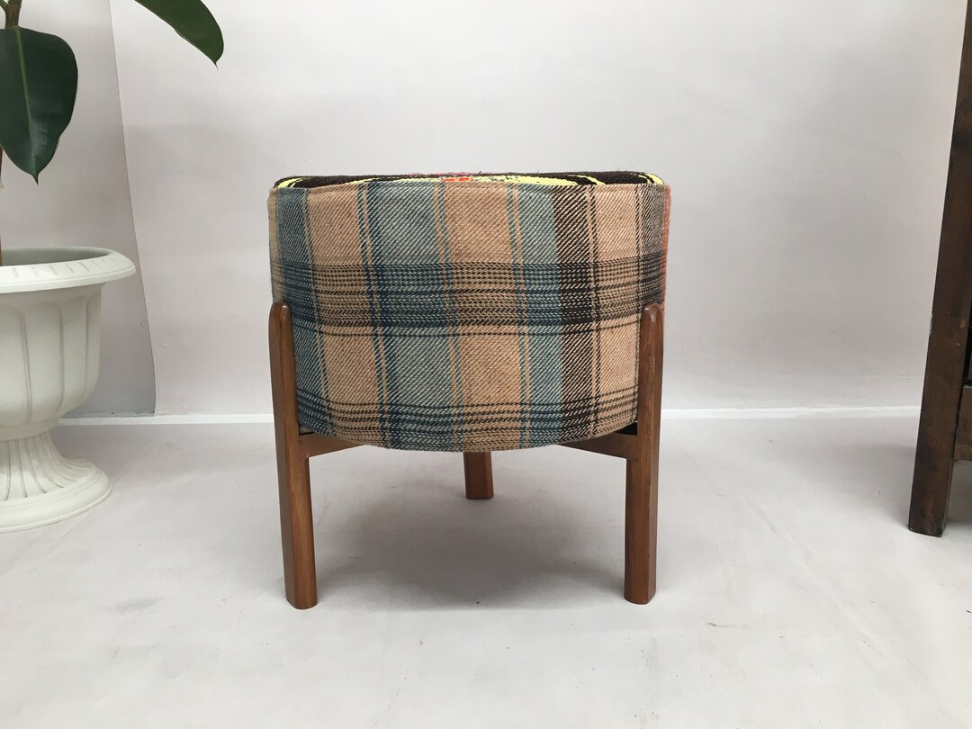 Plaid Kilim Bench, Ottoman Bench, Foot Rest Bench, Woven Bench, Round ...