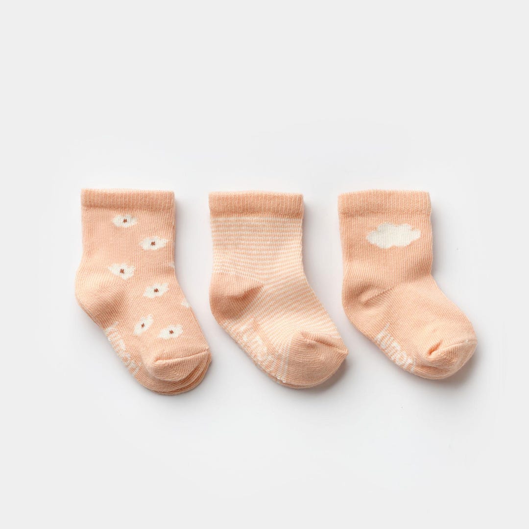 Salmon Poppy Baby Sock Set – 3-pack Organic Cotton With Floral, Stripe ...
