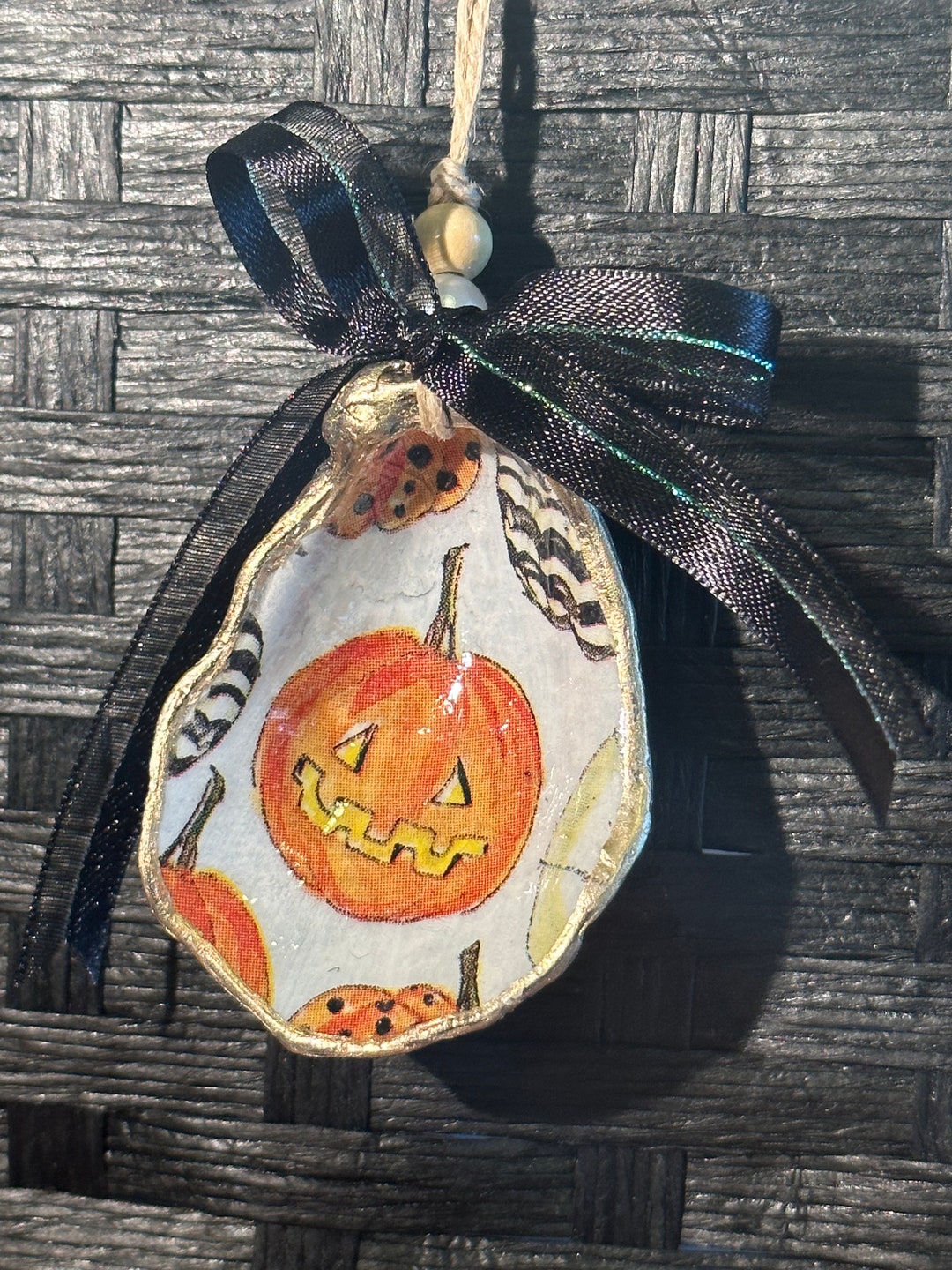 Halloween Pumpkin Decoupage Oyster Shell Ornament, Wine Bottle Charm or ...