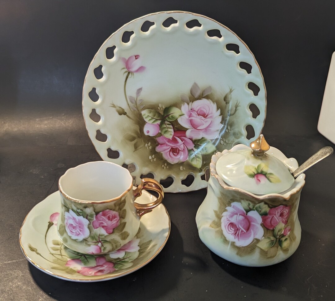 Lefton Green Heritage Rose China 6 Piece Tea Set - Etsy