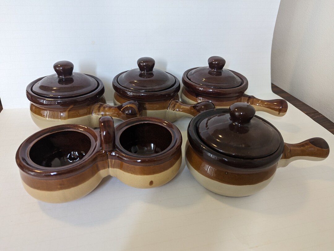 Set of 4 Brown Stoneware Soup Crocks and Matching Cream and Sugar Dish ...