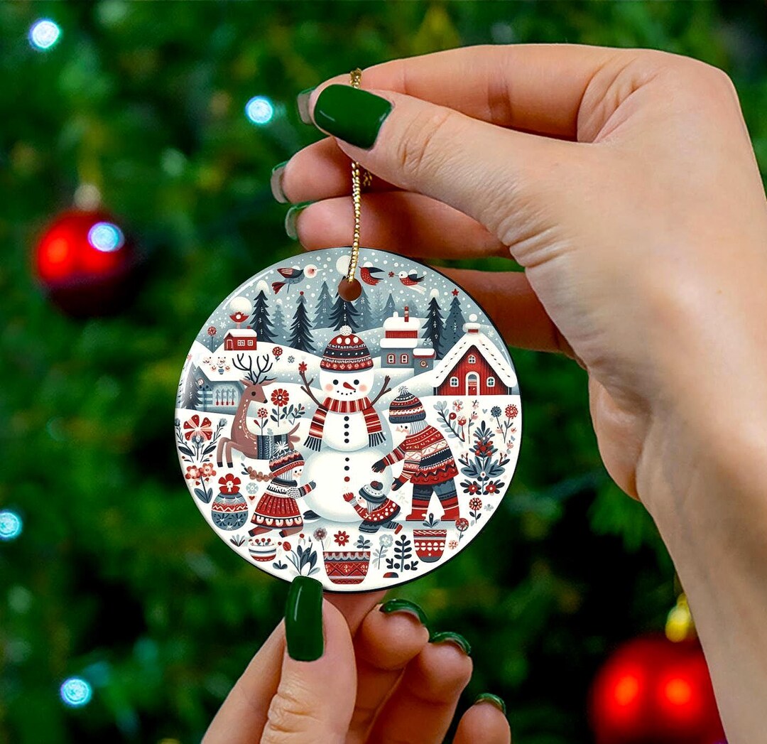 Scandinavian Folk Art Kids Building Snowman Ornament, Nordic Winter ...