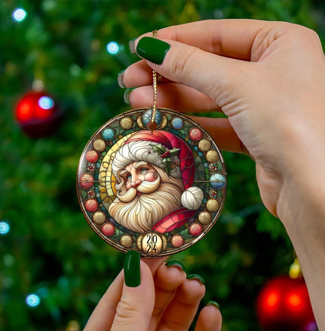 Vintage Santa 2024 Ornament, Faux Stained Glass, Holiday Gift Idea ...