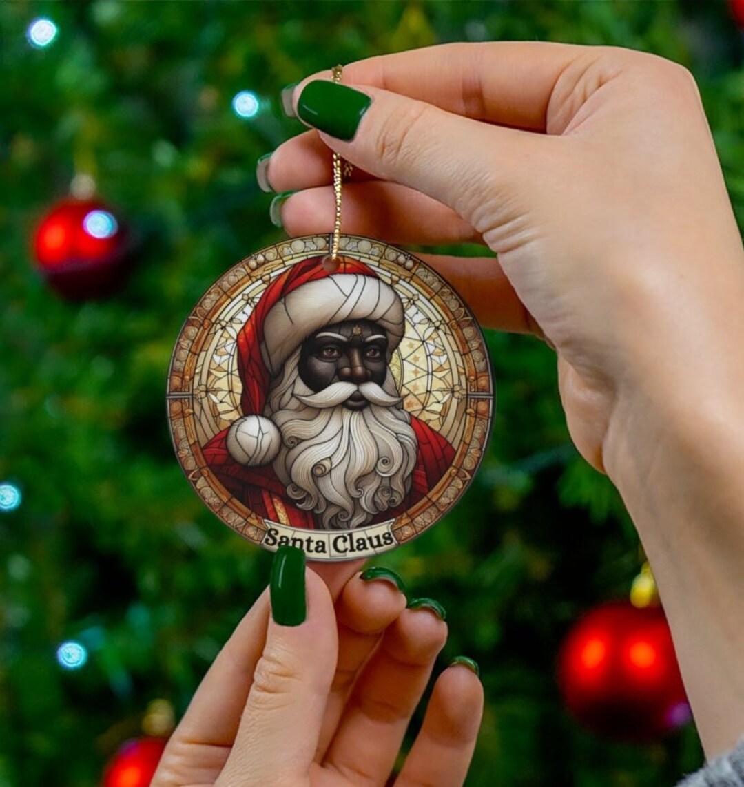 Custom Black Santa Christmas Tree Ornament, Faux Stained Glass, African ...