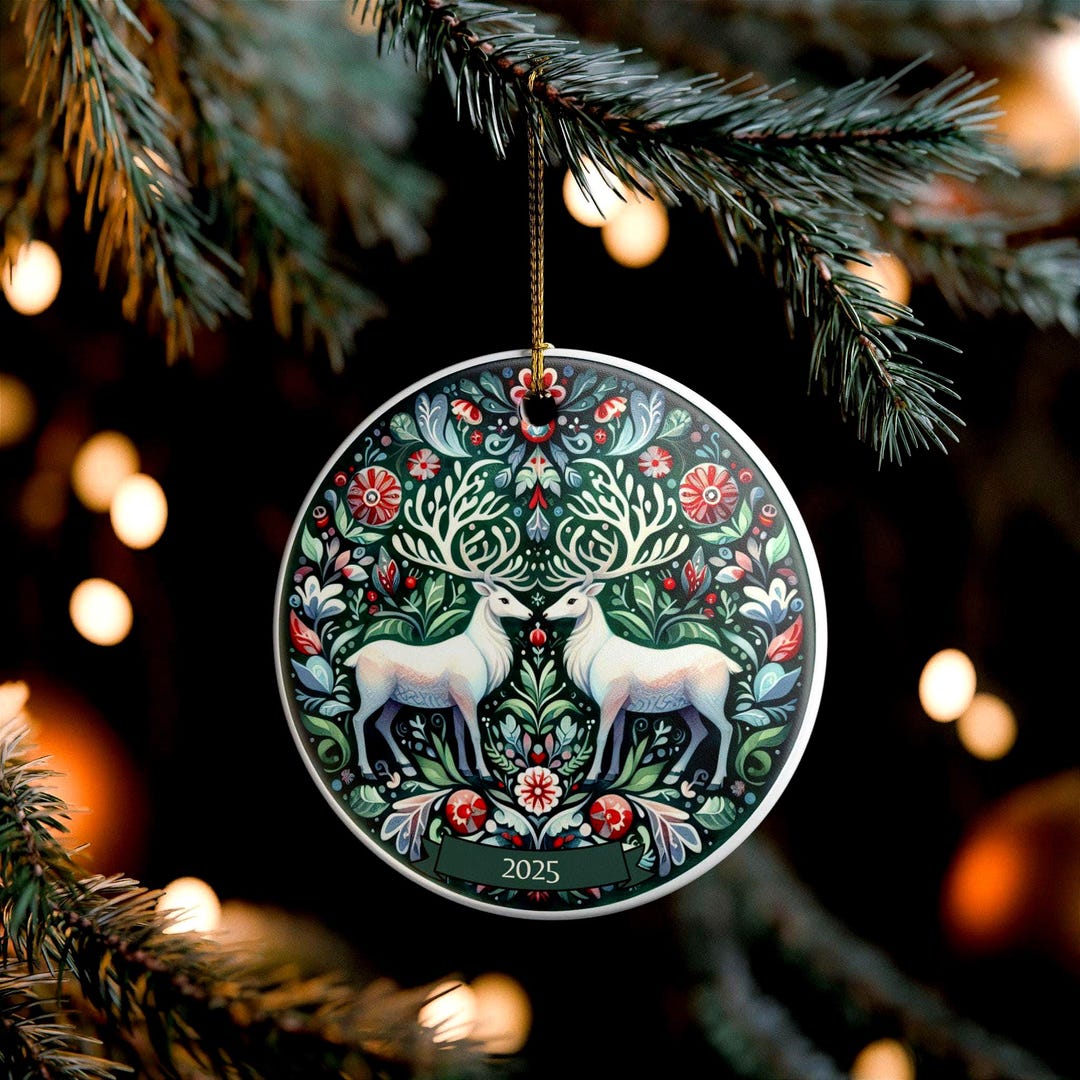 Personalized 2025 Scandinavian Stag Christmas Ornament: Ceramic Holiday ...