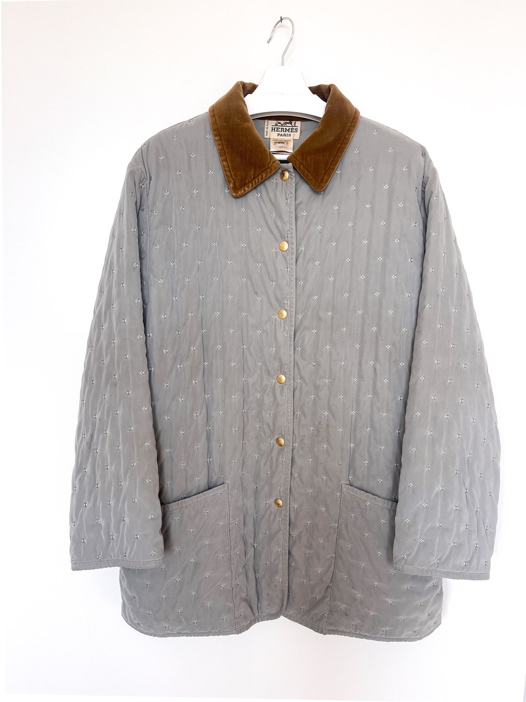 Vintage Hermes Quilted Jacket Gray Cotton Jacket Corduroy Collar Jacket ...