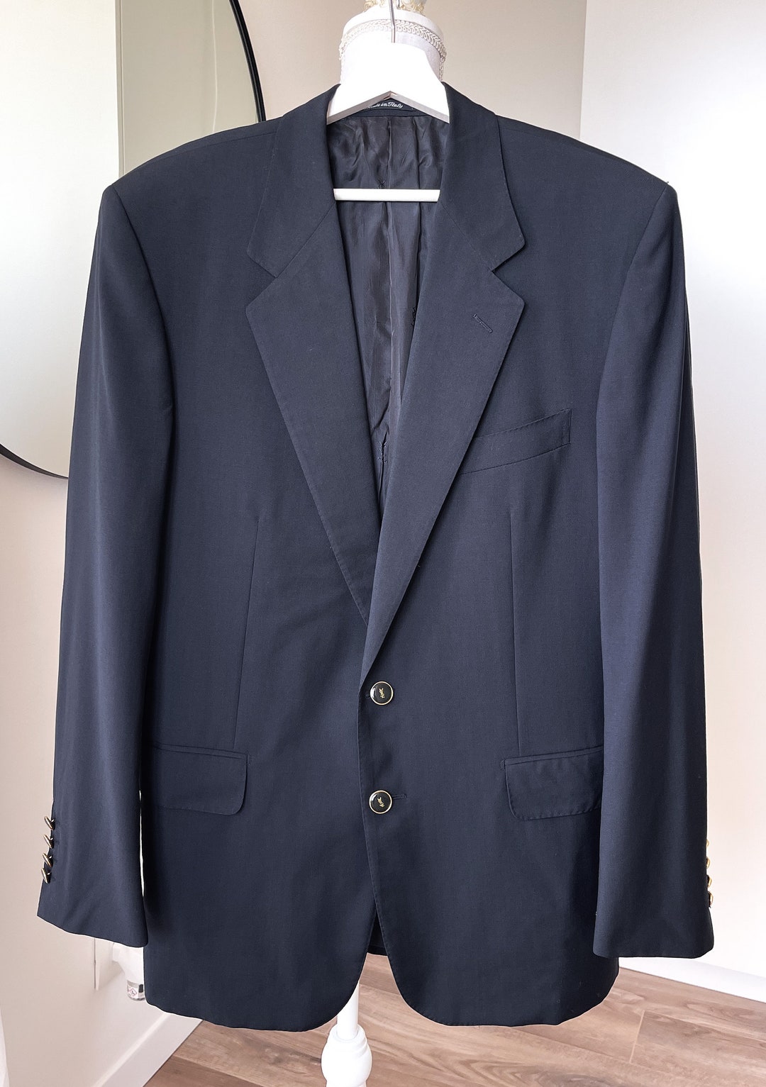 Vintage Yves Saint Laurent Blazer Dark Navy Blue Jacket Black Wool ...