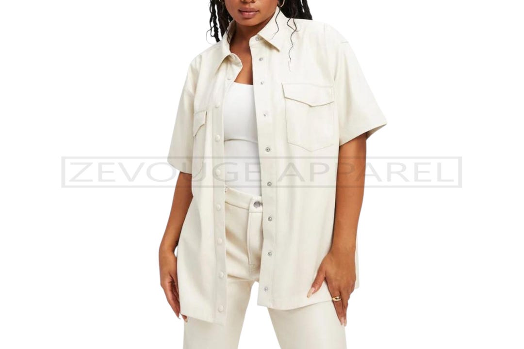 Oversized White Leather Utility Shirt: Women's Short Sleeve Top - Etsy