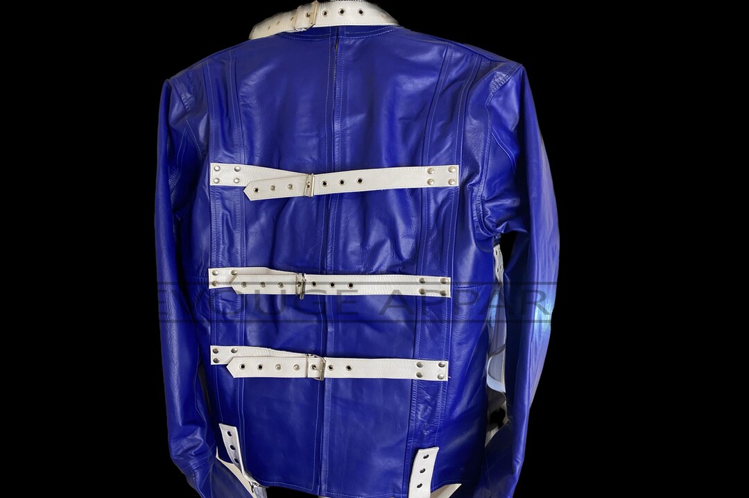 Unisex Handmade Real Blue Leather Strait Jacket Bondage Leather Restraint LBGTQ Play Jacket BDSM ...