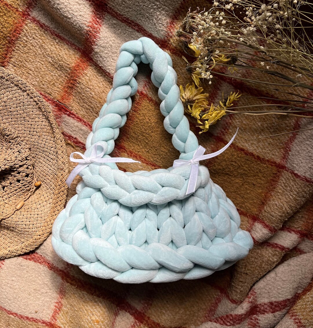 Baby Blue Crochet Purse, Light Blue Knit Bag, Velvet Woven Yarn Bag ...