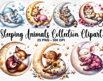 Watercolor Sleeping Animals Collection Clipart, 5 PNG Cute Animals ...