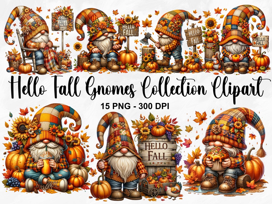 Watercolor Hello Fall Gnomes Collection Clipart, 15 PNG Autumn Clipart ...