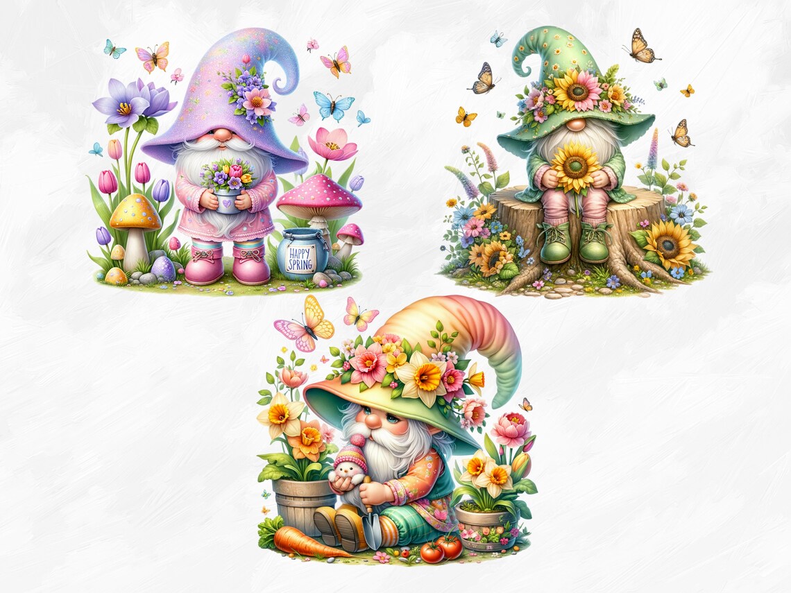 Watercolor Garden Gnomes Collection Clipart, 11 PNG Spring Garden ...