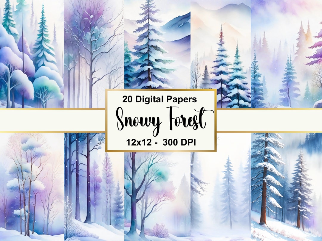 Watercolor Snowy Forest Digital Paper, Snowy Forest Background ...