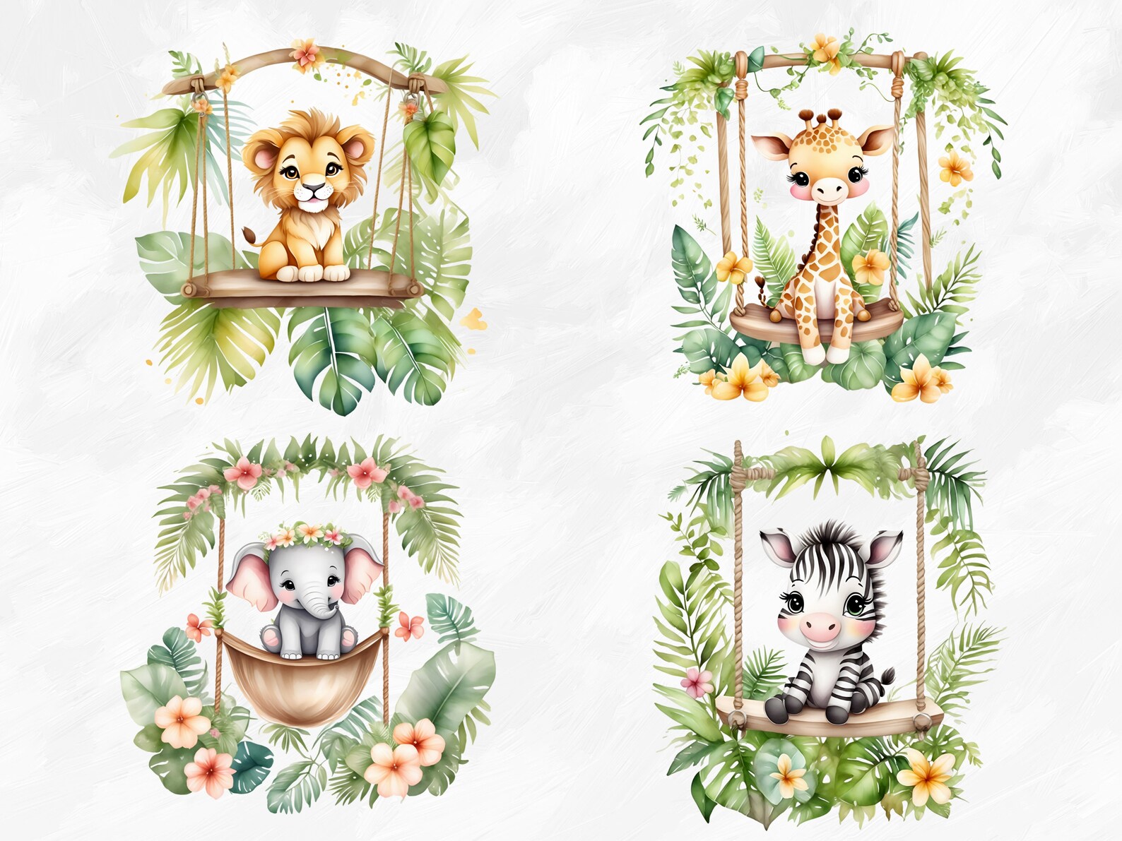 Watercolor Baby Animals on Swings Clipart, 27 PNG Safari Animals ...