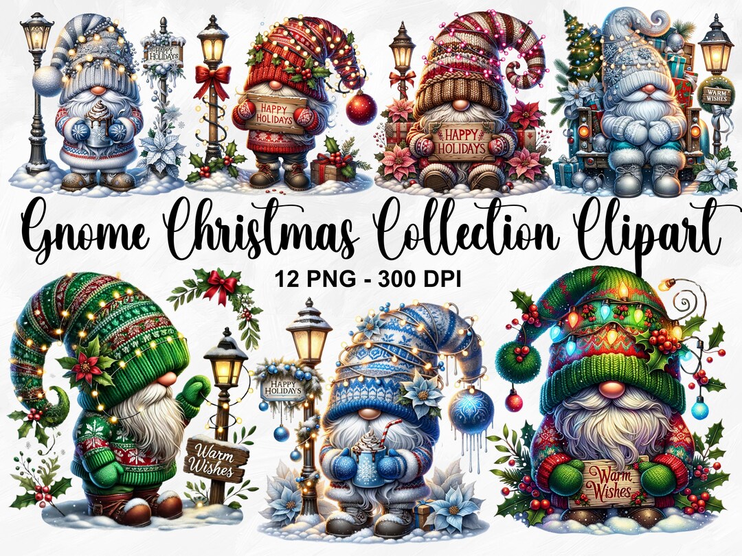 Watercolor Gnome Christmas Collection Clipart, 12 PNG Gnome Clipart ...