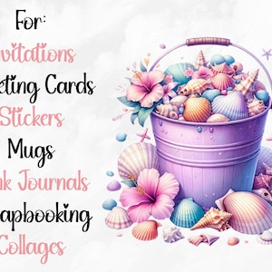 Watercolor Seashell Buckets Collection Clipart, 10 PNG Beach Clipart ...