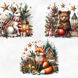 Watercolor Christmas Woodland Animals Collection Clipart, 12 PNG ...