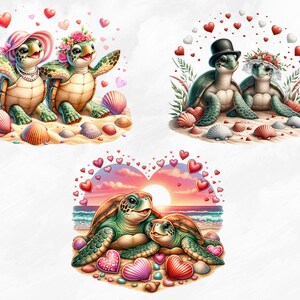 Watercolor Cute Sea Turtle Couple Clipart, 12 PNG Valentines Day ...