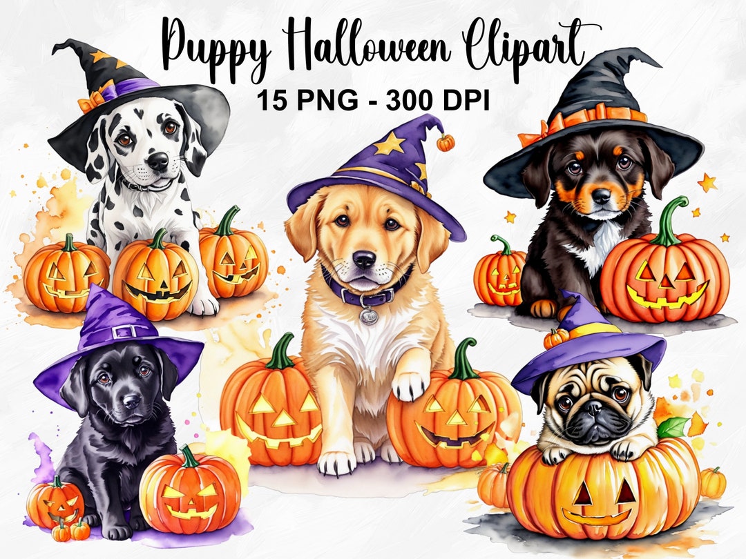 Watercolor Puppy Halloween Clipart, 15 PNG Halloween Puppy Clipart ...