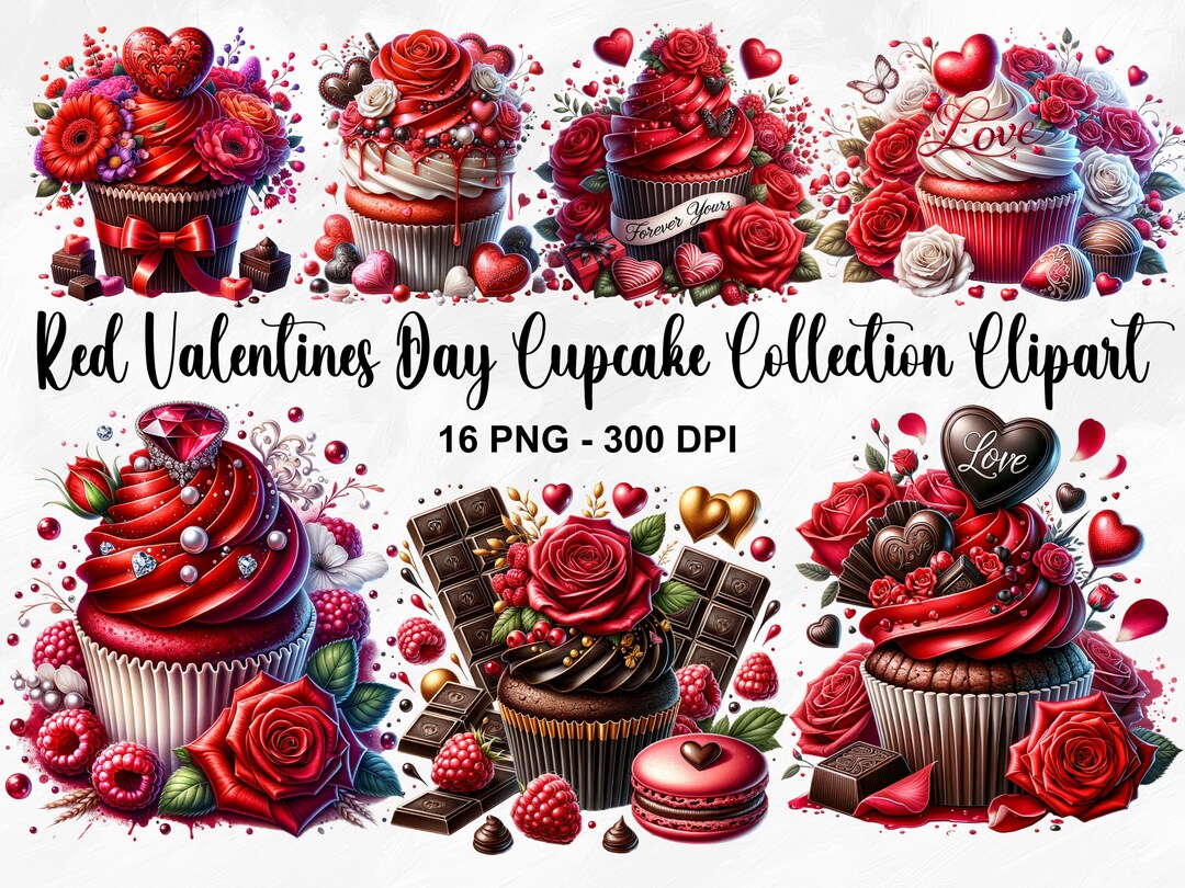 Red Valentines Day Cupcake Collection Clipart, 16 PNG Valentine Clipart ...